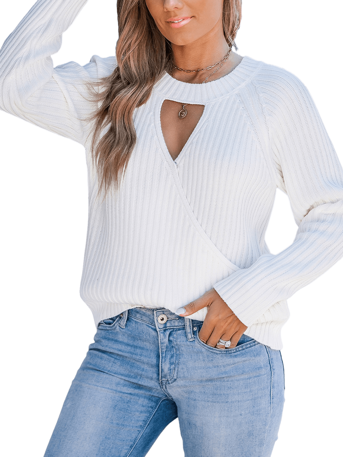 CUPSHE White Ribbed Knit Cutout Sweater - Walmart.com