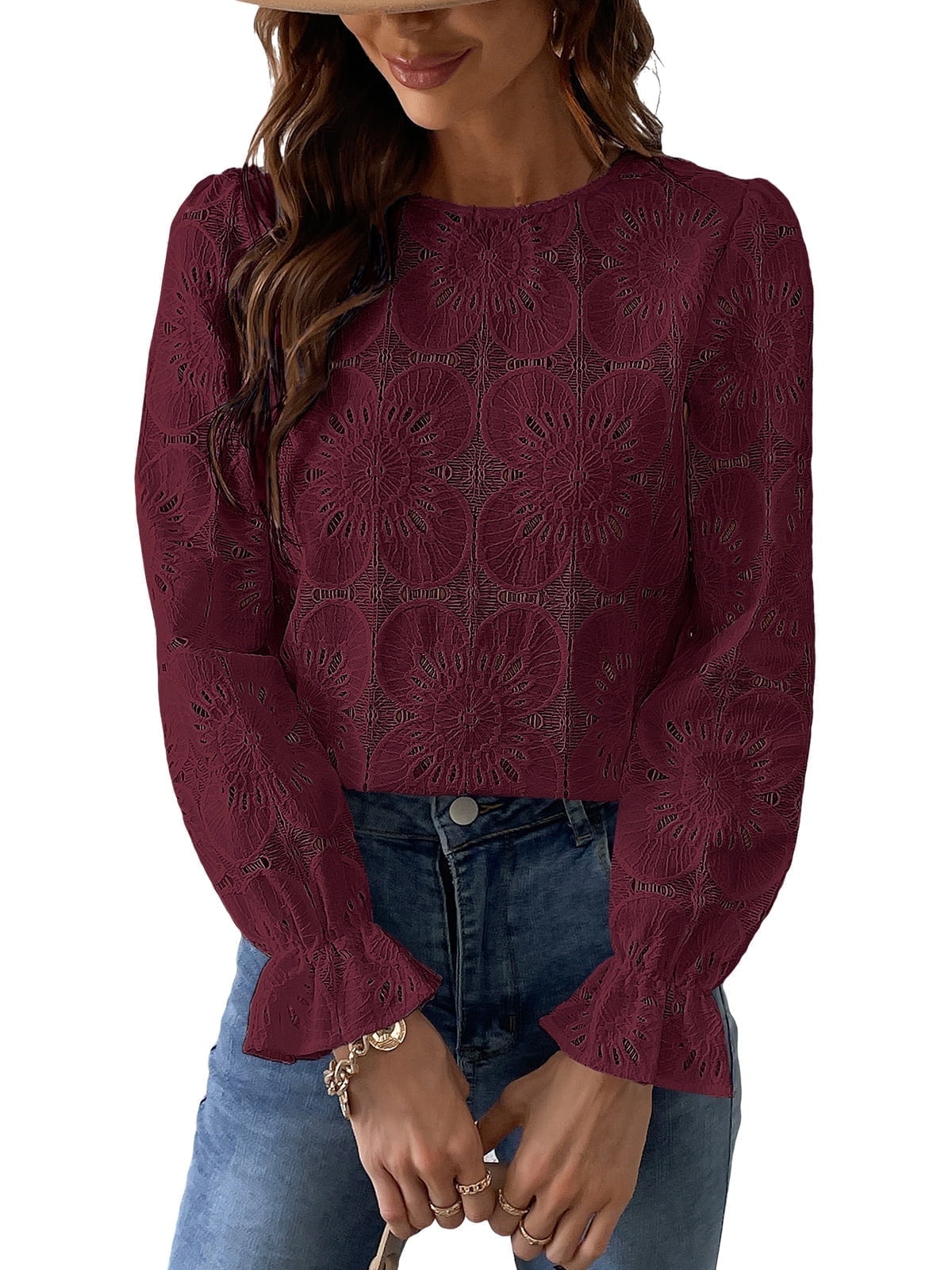 Cupshe Women's Eyelet Long Sleeve Tops Shirts Hollow Out Crochet Lace ...