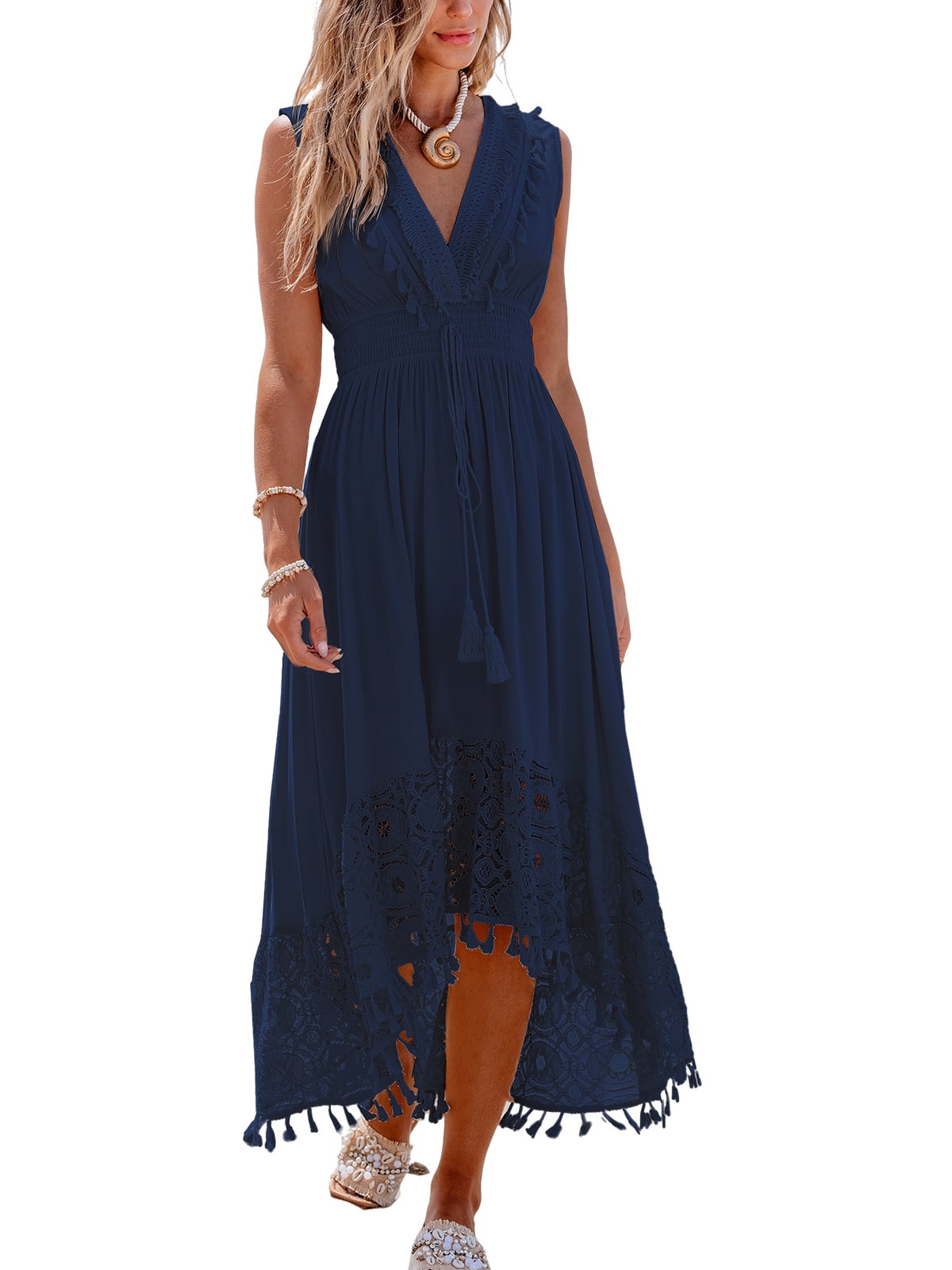 CUPSHE Women's Maxi Dress V Neck Sleeveless Lace Tassel Smocked Waist Cover Up Beach Formal Long ...