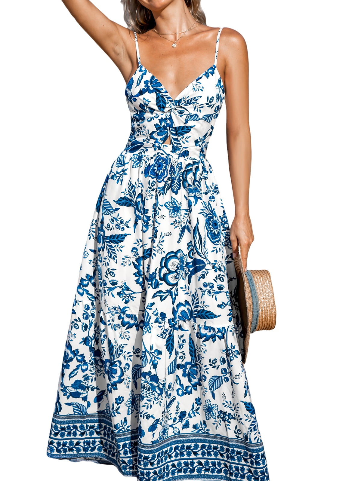 Cupshe Women's Twisted Dress V Neck Sleeveless Long Dress Floral ...