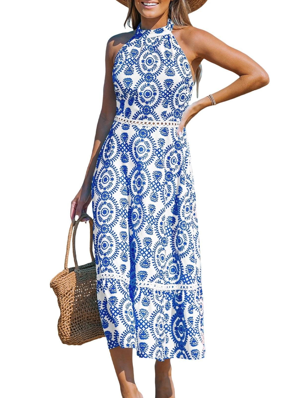 CUPSHE Women's Midi Dress Blue & White Ornate Halterneck Sleeveless ...