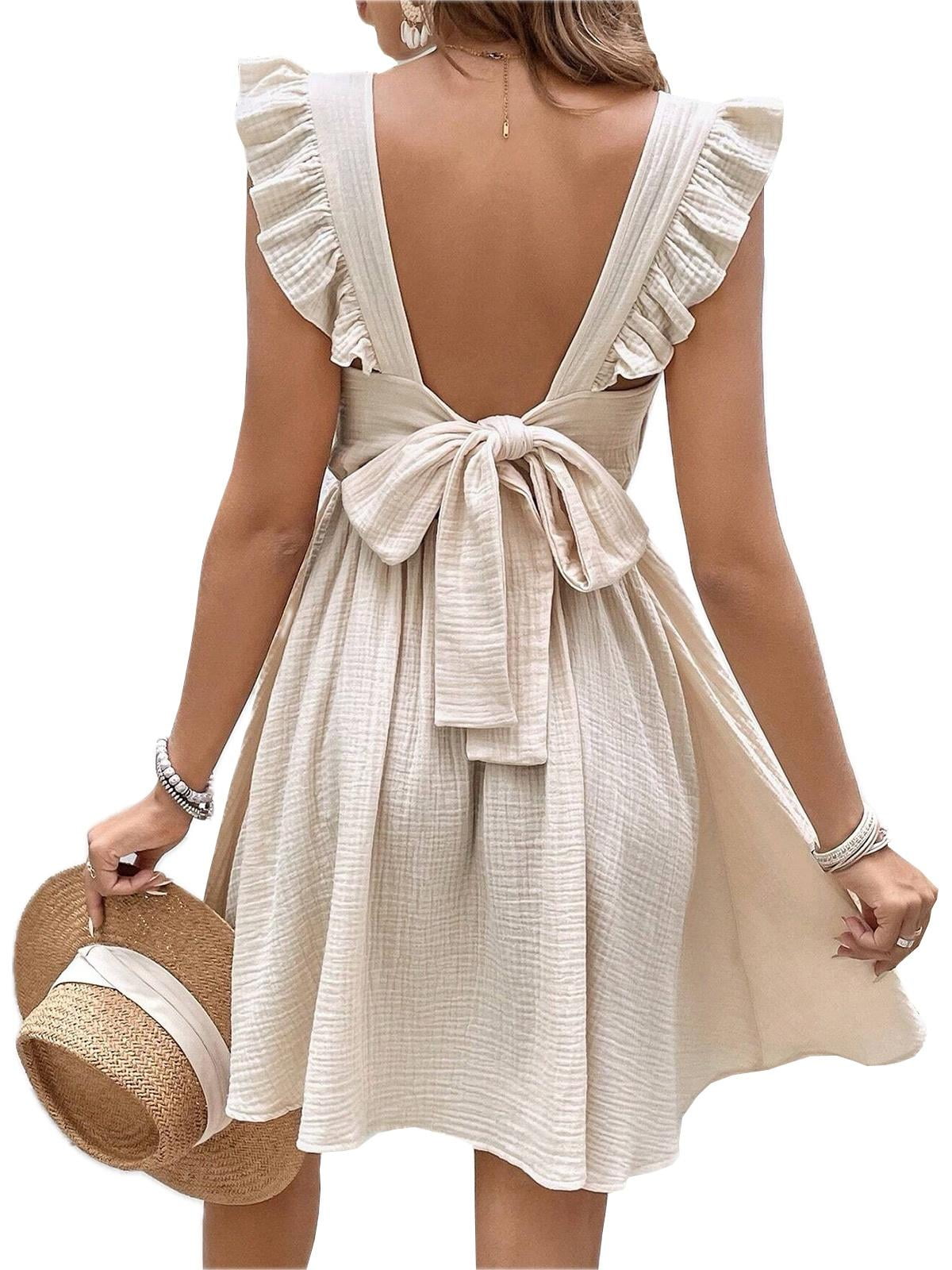 CUPSHE Women's Mini Dress V Neck Flutter Sleeve Cotton Self Tie Back A ...
