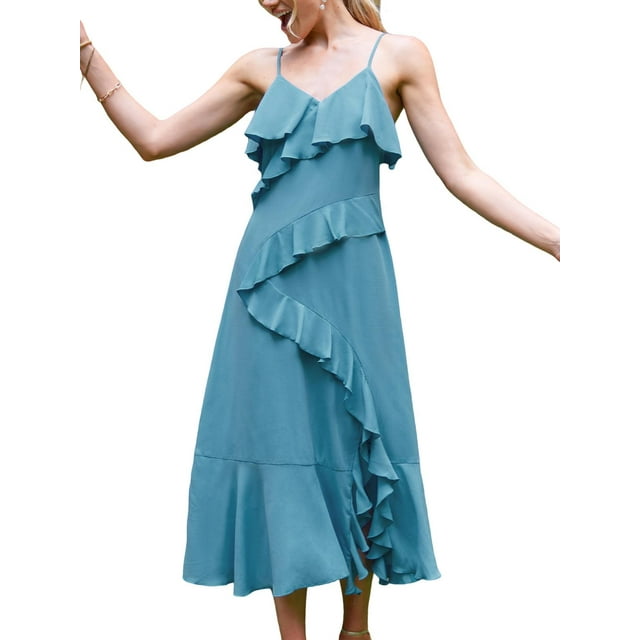 CUPSHE Women's Ruffle Maxi Dress Spaghetti Straps V Neck Flounce Hem ...