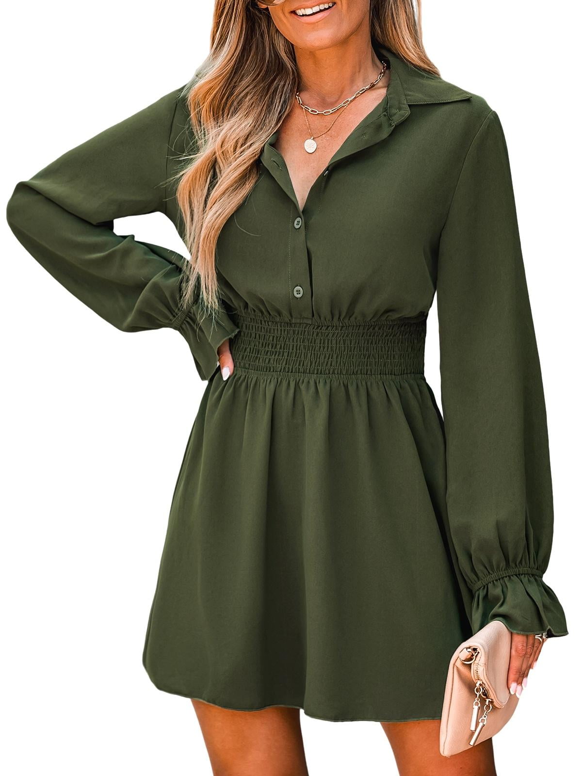 CUPSHE Women's Smocked Button-Front Mini Dress Long Sleeves Dresses ...