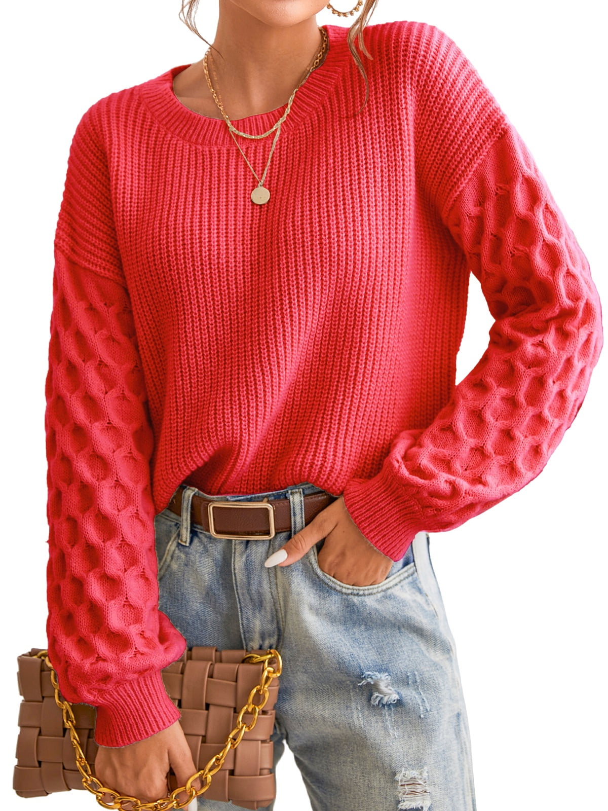 Cupshe Women's Sweater Long Sleeve Crewneck Sweaters Cable Knit Tops ...