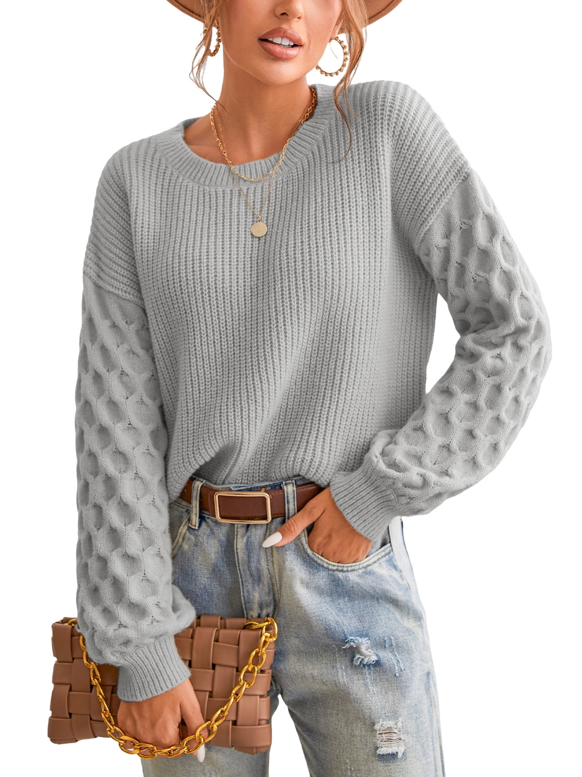 CUPSHE Women's Sweater Long Sleeve Crewneck Sweaters Cable Knit Tops ...