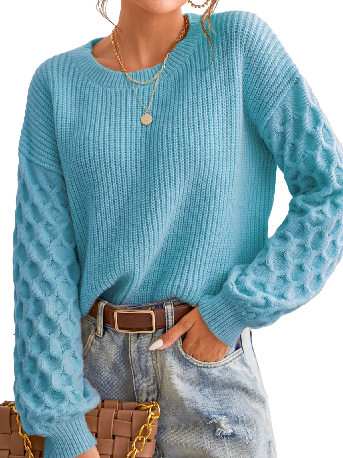 Cupshe Women's Sweater Long Sleeve Crewneck Sweaters Cable Knit Tops ...