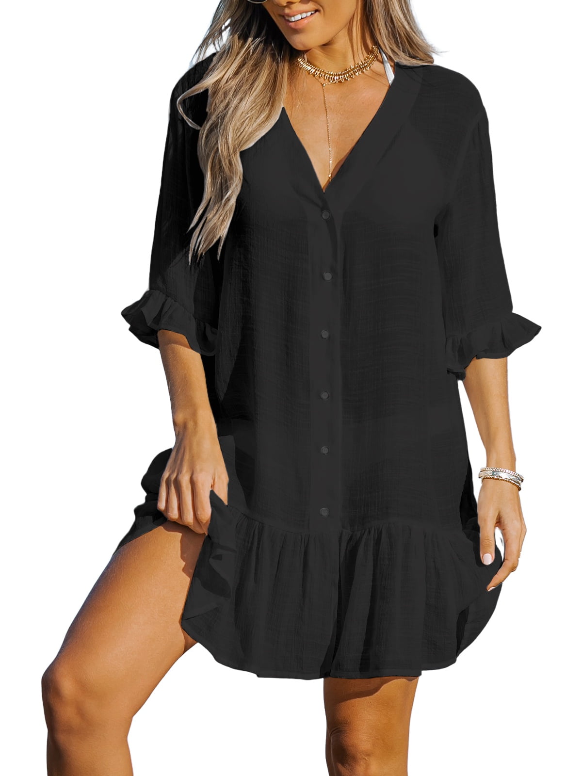 CUPSHE Women's V Neck Ruffled Cover Up Button Down Bathing Suit Beach ...