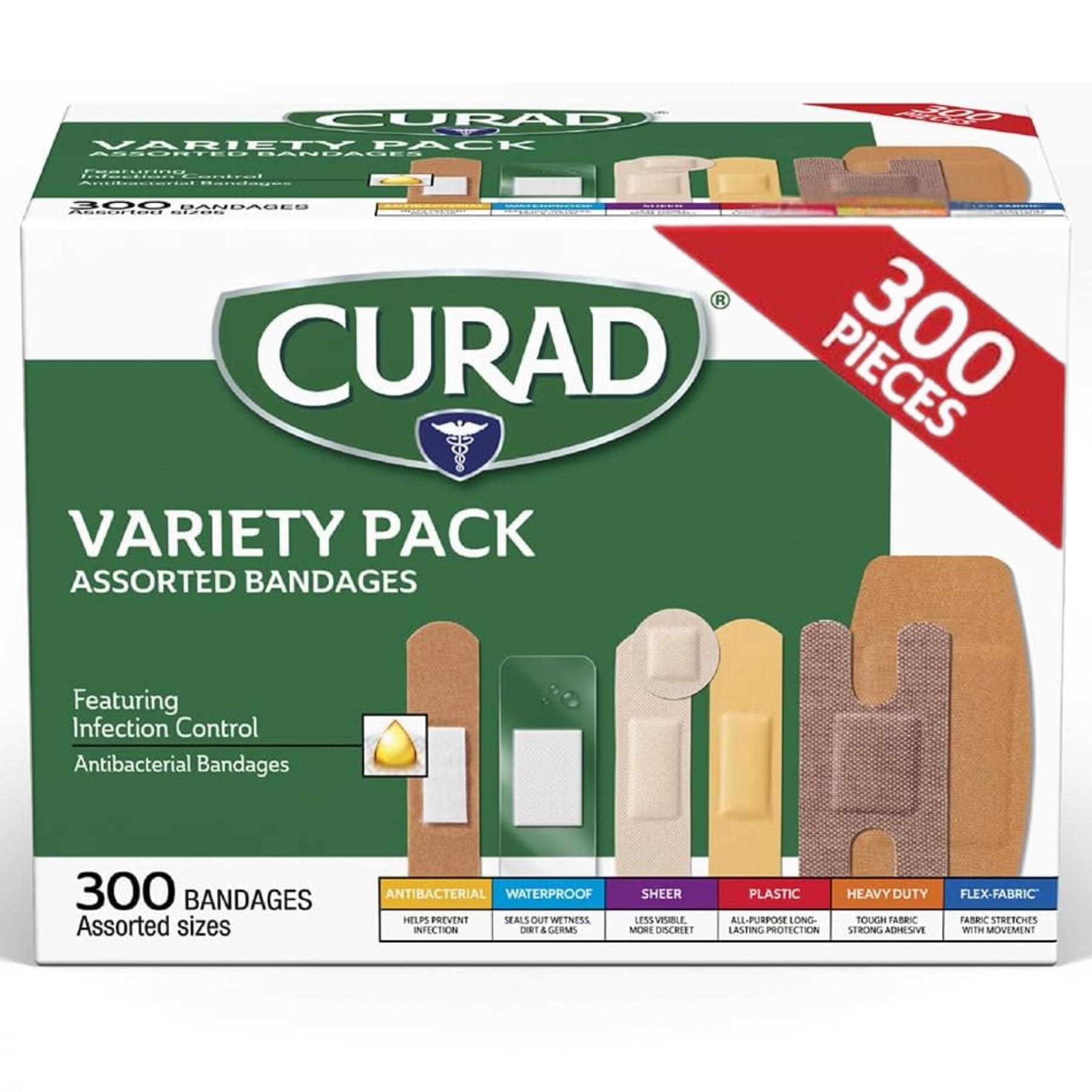 CURAD Assorted Bandages Variety Pack, 300 Count, 6 Styles Including ...
