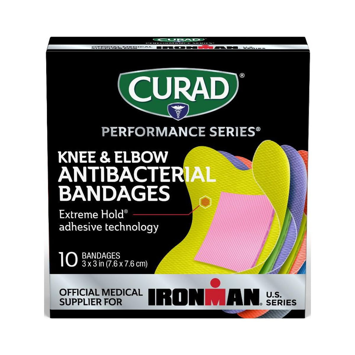 CURAD Performance Series IRONMAN Antibacterial Bandages, Elbow/Knee, 3 ...