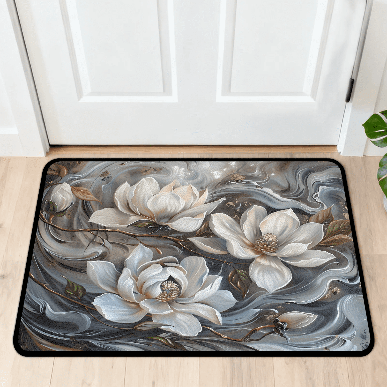 CURLYOOT Abstract Grey Magnolia Flowers Door Mat 24" x 36" Absorbent ...