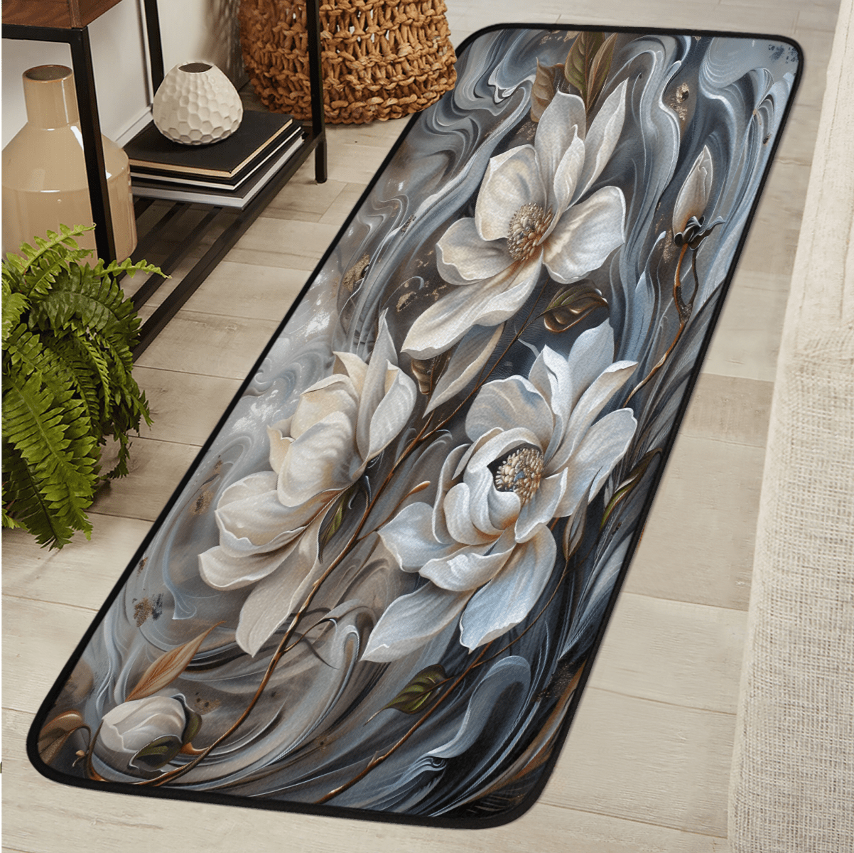 CURLYOOT Abstract Grey Magnolia Flowers Runner Rug 2'x6' Washable ...