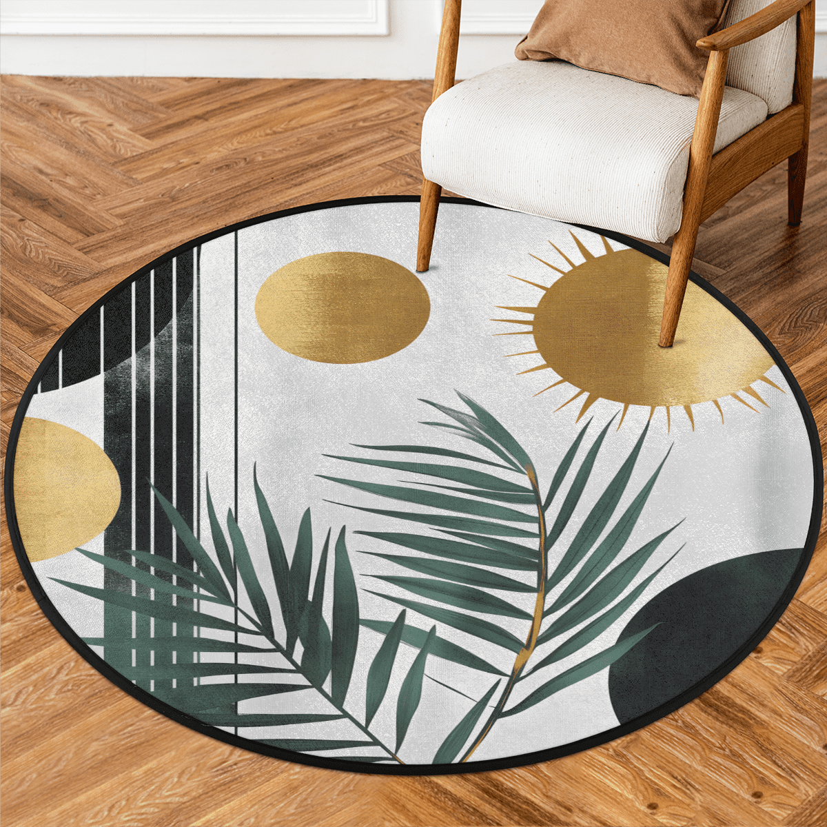 CURLYOOT Abstract Sun and Plant 5.2ft Round Rug for Living Room, Large ...