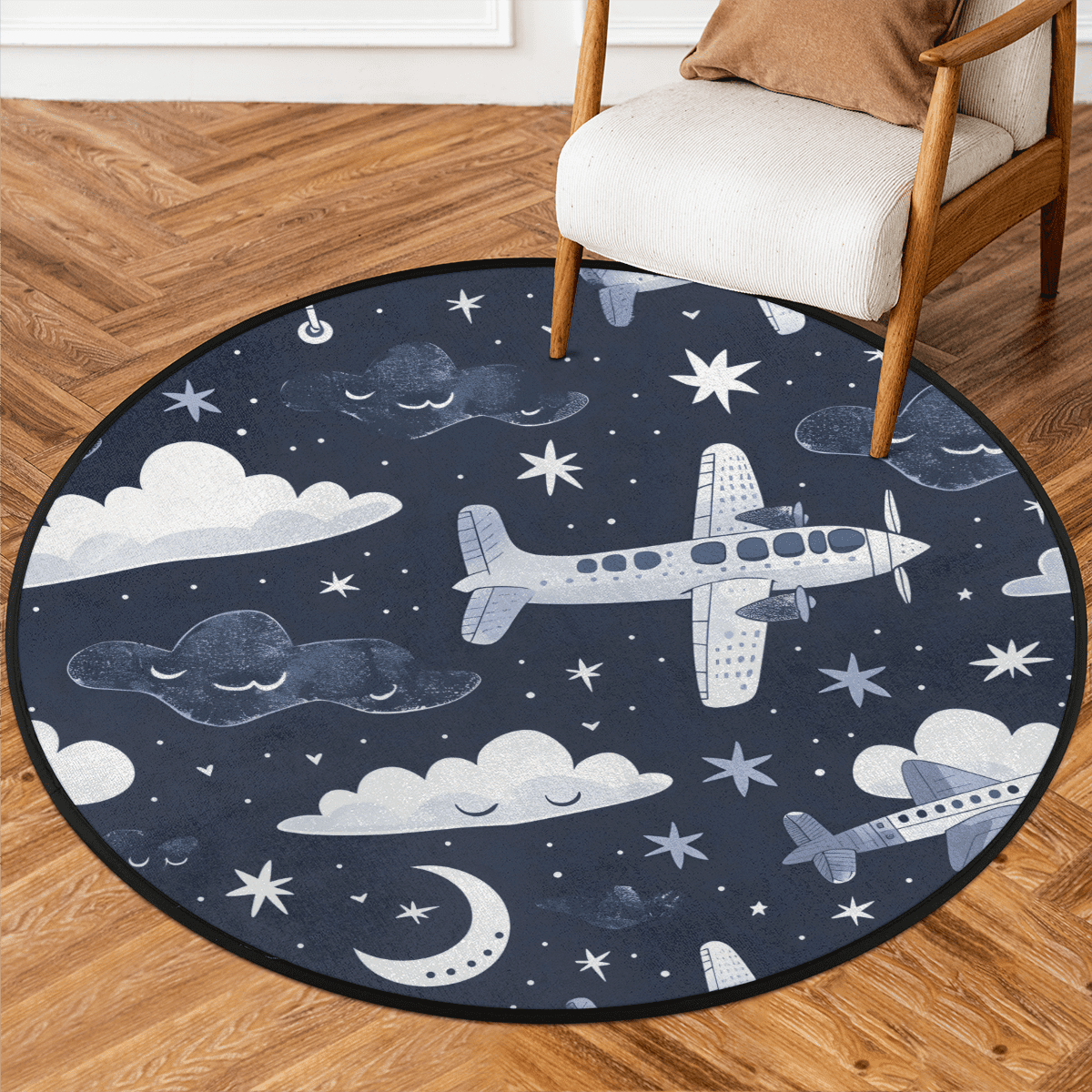 CURLYOOT Aircraft 5.2ft Round Rug for Living Room, Large Washable Area ...