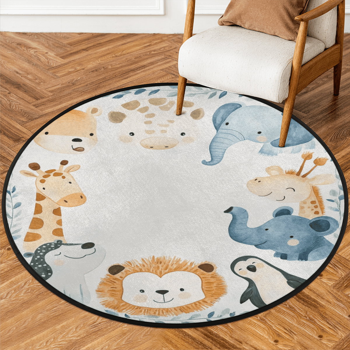 CURLYOOT Animal Cute Giraffe Elephant Penguin 5.2ft Round Rug for ...
