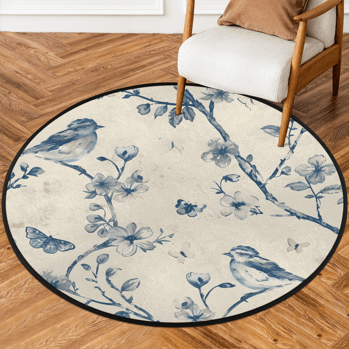 CURLYOOT Birds Branches 5.2ft Round Rug for Living Room, Large Washable ...