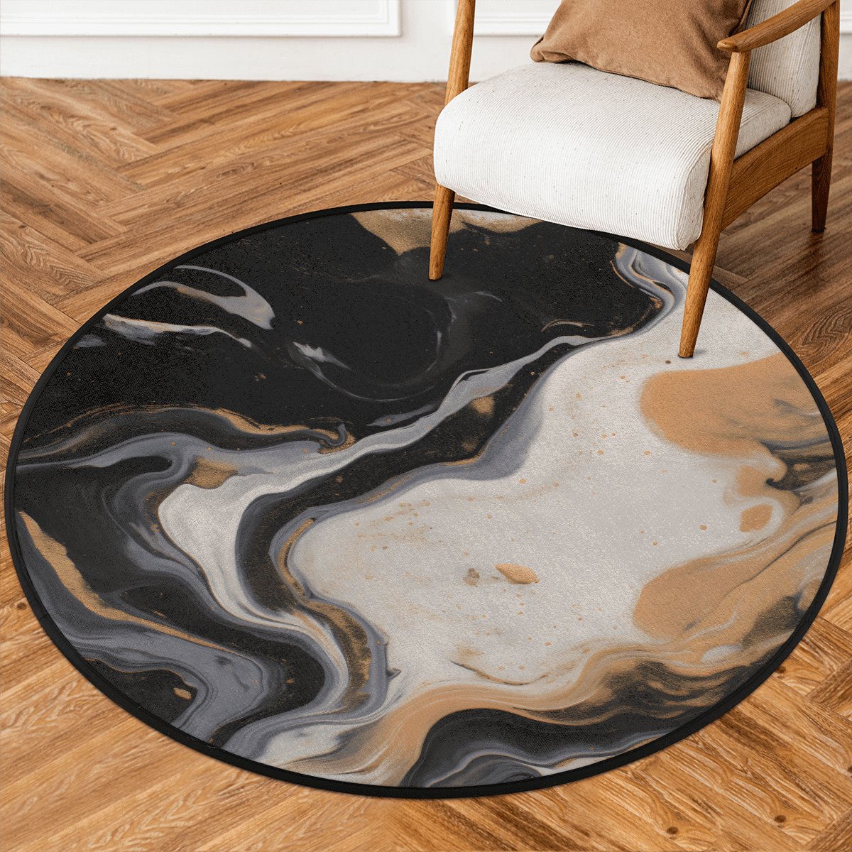 CURLYOOT Black Gold Marble 5.2ft Round Rug for Living Room, Large ...