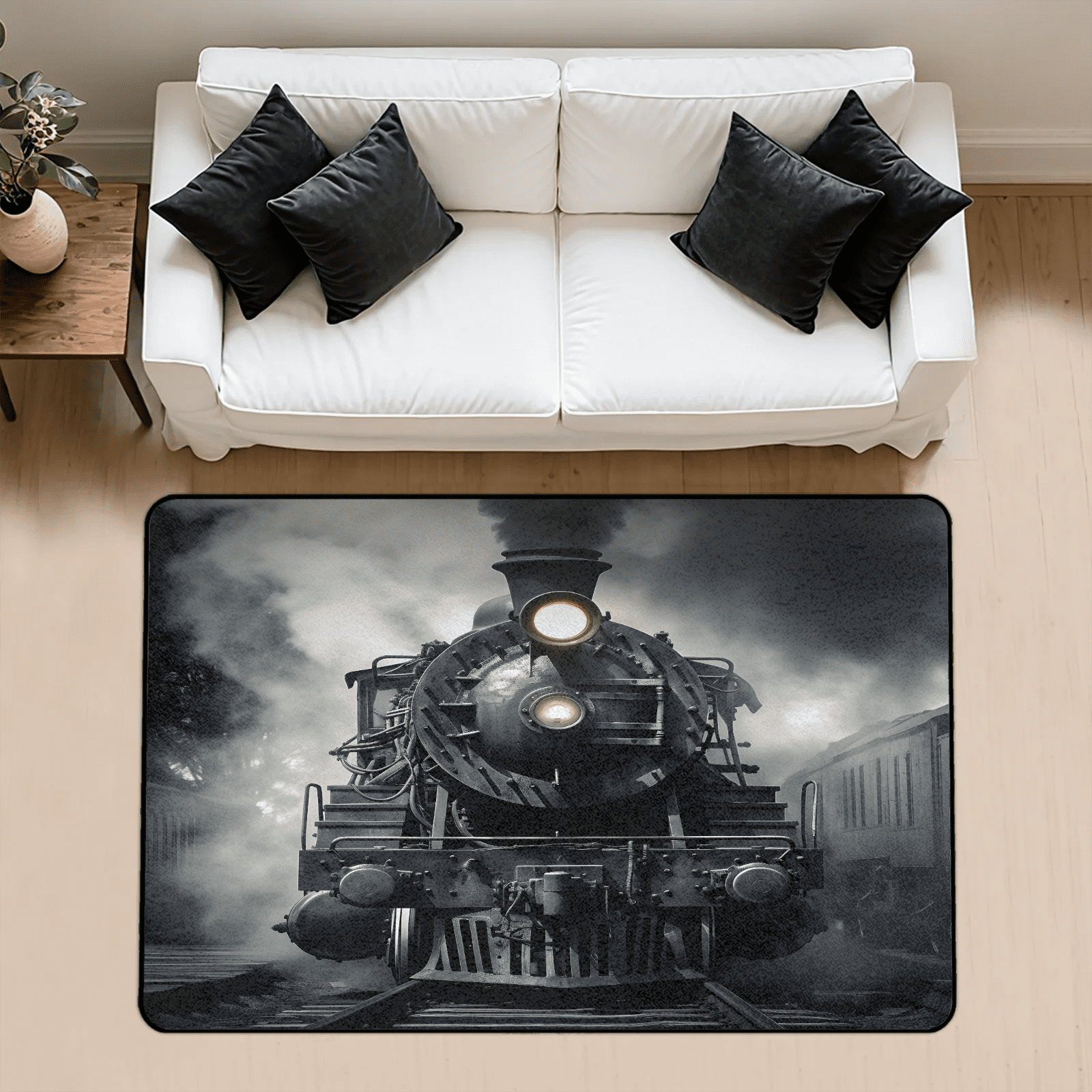 CURLYOOT Black Steam Train Rug for Living Room Bedroom, 4x6 Ft Washable ...