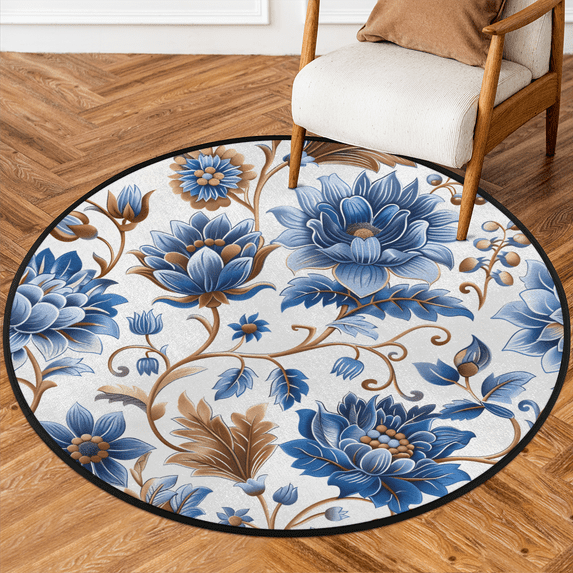 CURLYOOT Blue Floral 5.2ft Round Rug for Living Room, Large Washable ...
