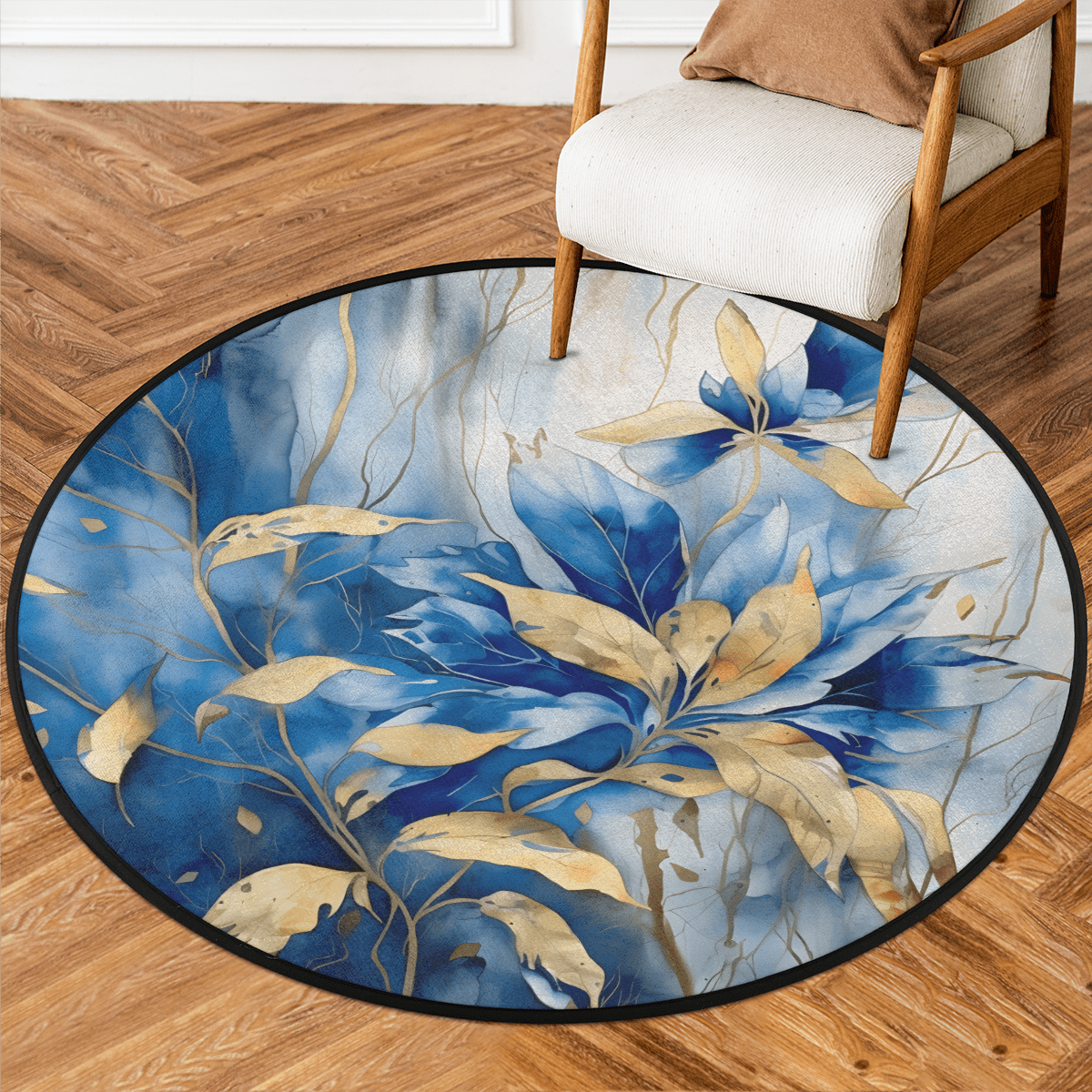 CURLYOOT Blue Gold Leave 5.2ft Round Rug for Living Room, Large ...