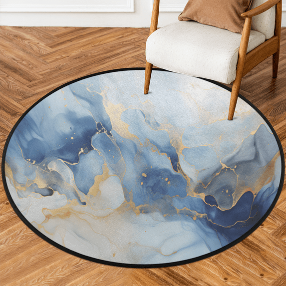CURLYOOT Blue Marble 5.2ft Round Rug for Living Room, Large Washable ...