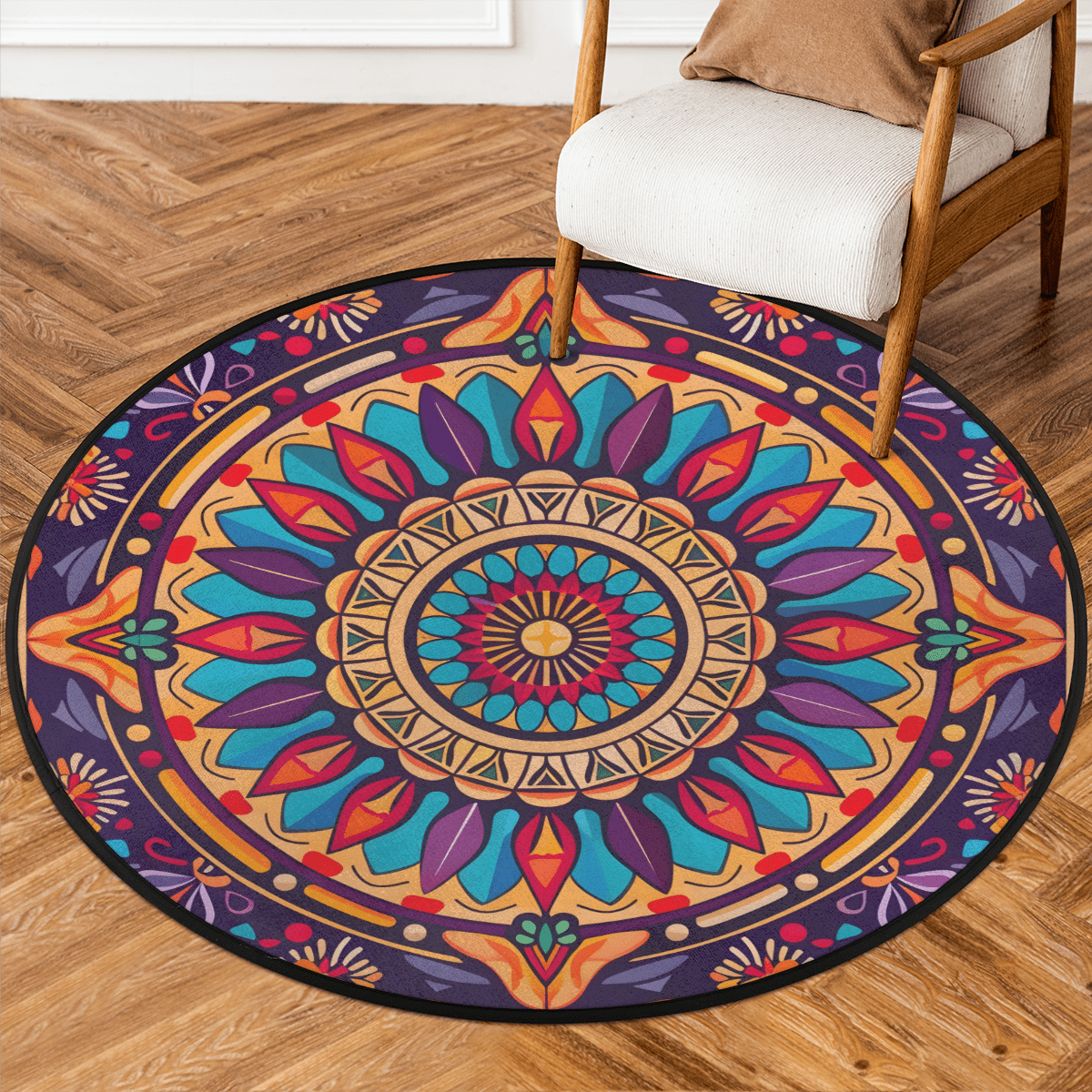 CURLYOOT Boho Mandala Flowers 5.2ft Round Rug for Living Room, Large ...