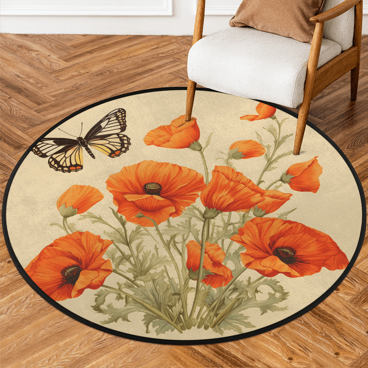 CURLYOOT Butterflies Poppy Flower 5.2ft Round Rug for Living Room ...