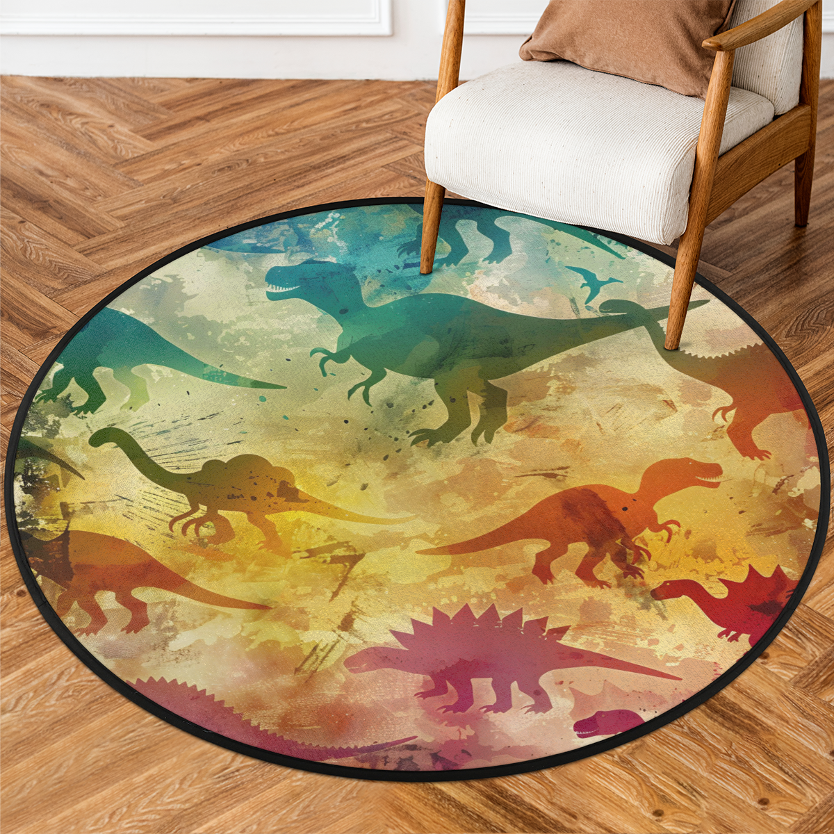 CURLYOOT Colorful Dinosaur Abstract 5.2ft Round Rug for Living Room ...