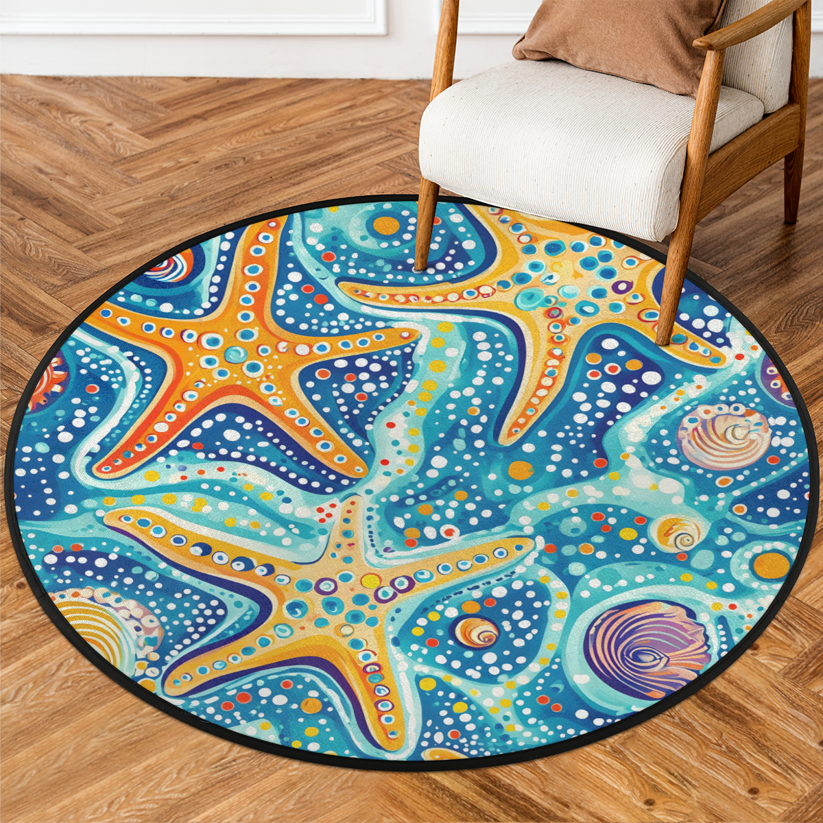 CURLYOOT Colorful Starfish 5.2ft Round Rug for Living Room, Large ...