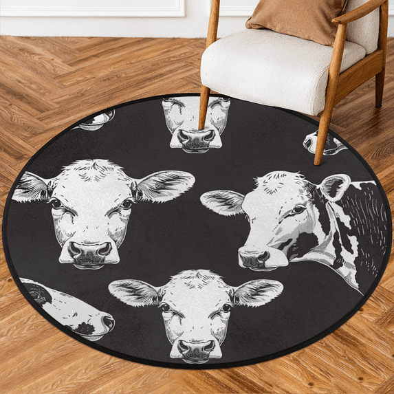 CURLYOOT Cow 5.2ft Round Rug for Living Room, Large Washable Area Rug ...