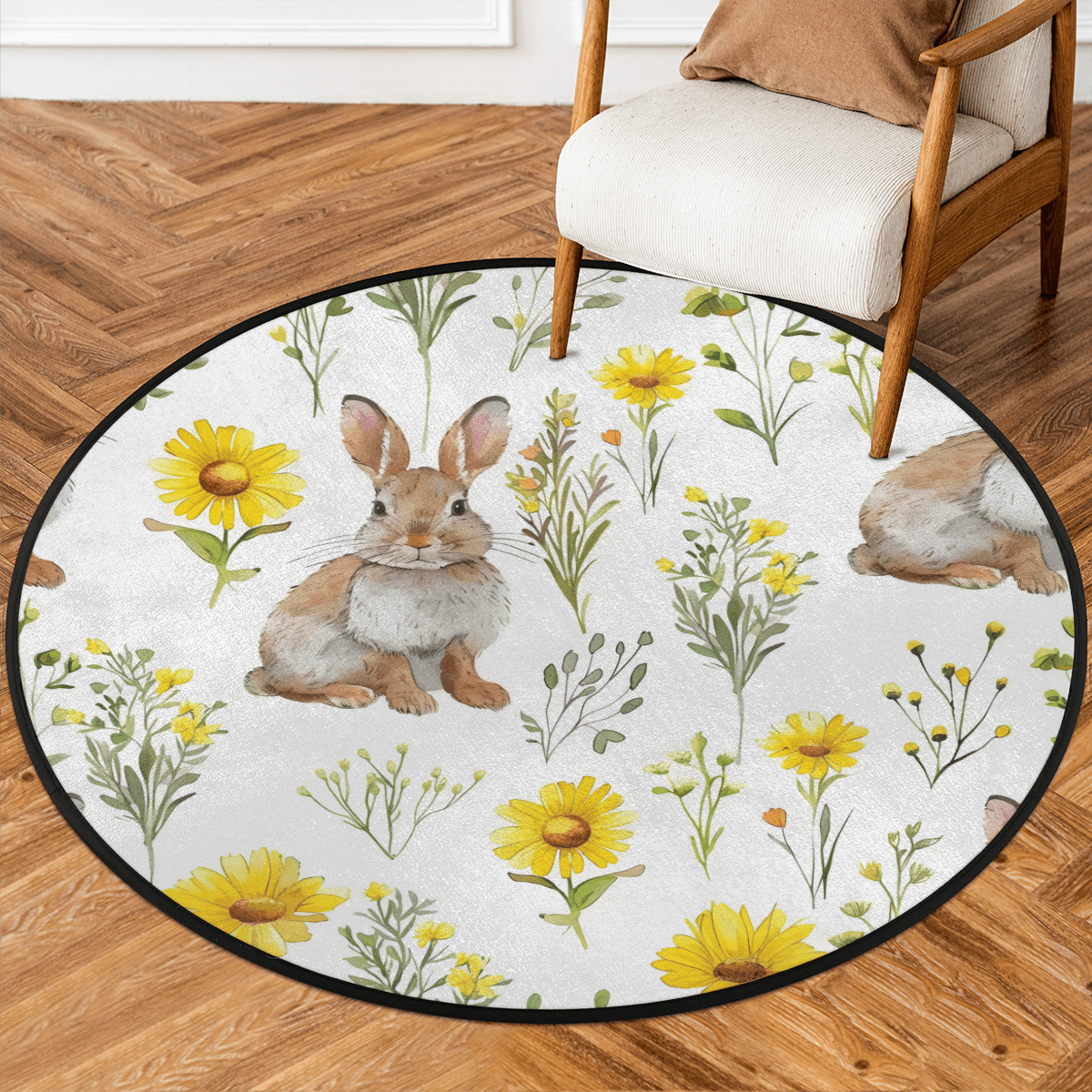 CURLYOOT Cute Bunny Rabbit 5.2ft Round Rug for Living Room, Large ...