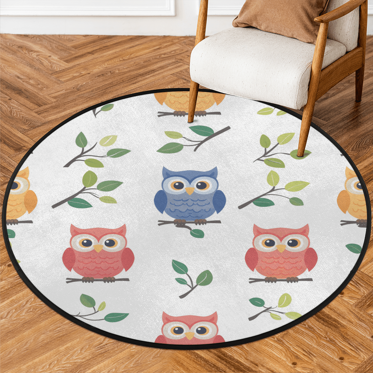 CURLYOOT Cute Cartoon Owls 5.2ft Round Rug for Living Room, Large Washable Area Rug, Non Slip ...