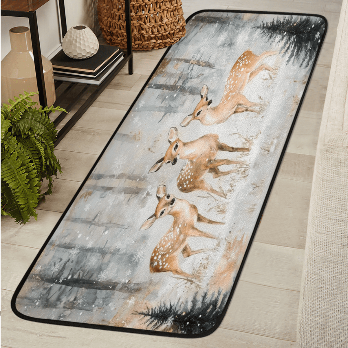 CURLYOOT Deer Standing in Forest Runner Rug 2'x6' Washable Kitchen ...