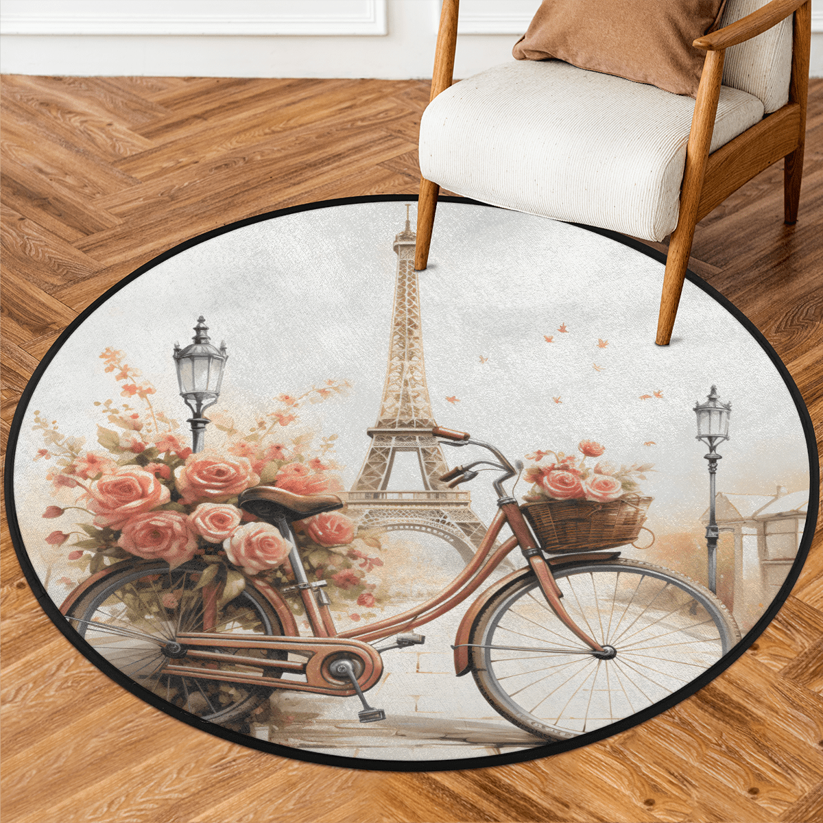 CURLYOOT Eiffel Tower Bicycle 5.2ft Round Rug for Living Room, Large ...