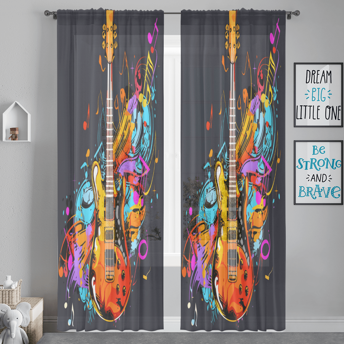 CURLYOOT Electric Guitar Music Band Theme Sheer Curtains 84 Inches Long ...