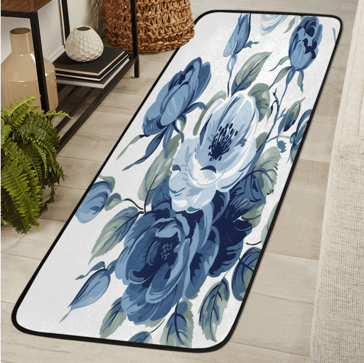 CURLYOOT Elegant Blue Roses Runner Rug 2'x6' Washable Kitchen Runner ...