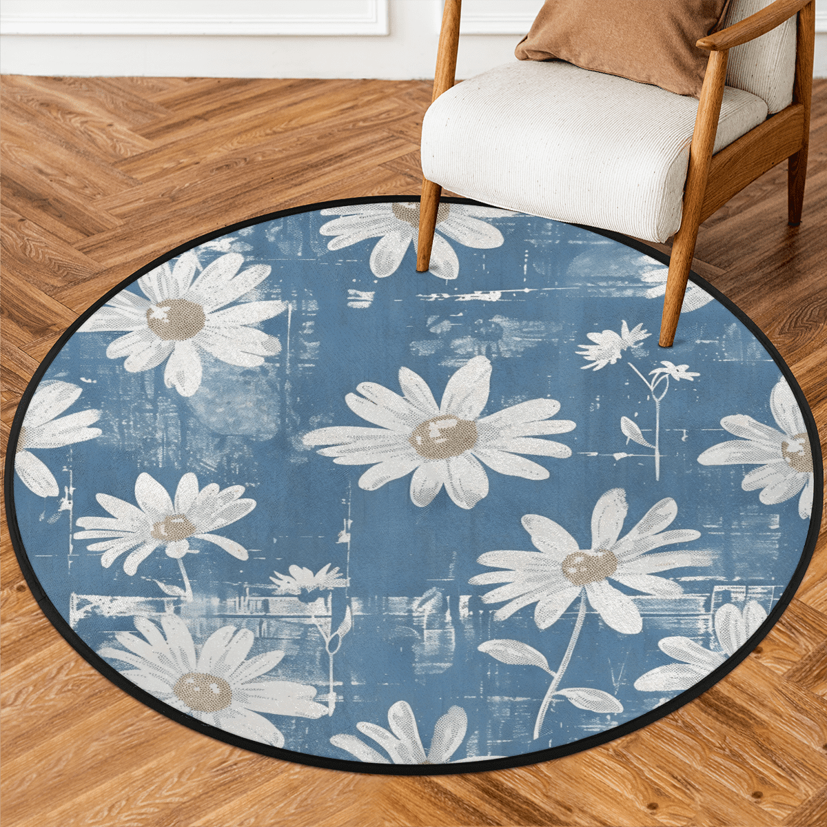CURLYOOT Floral 5.2ft Round Rug for Living Room, Large Washable Area ...