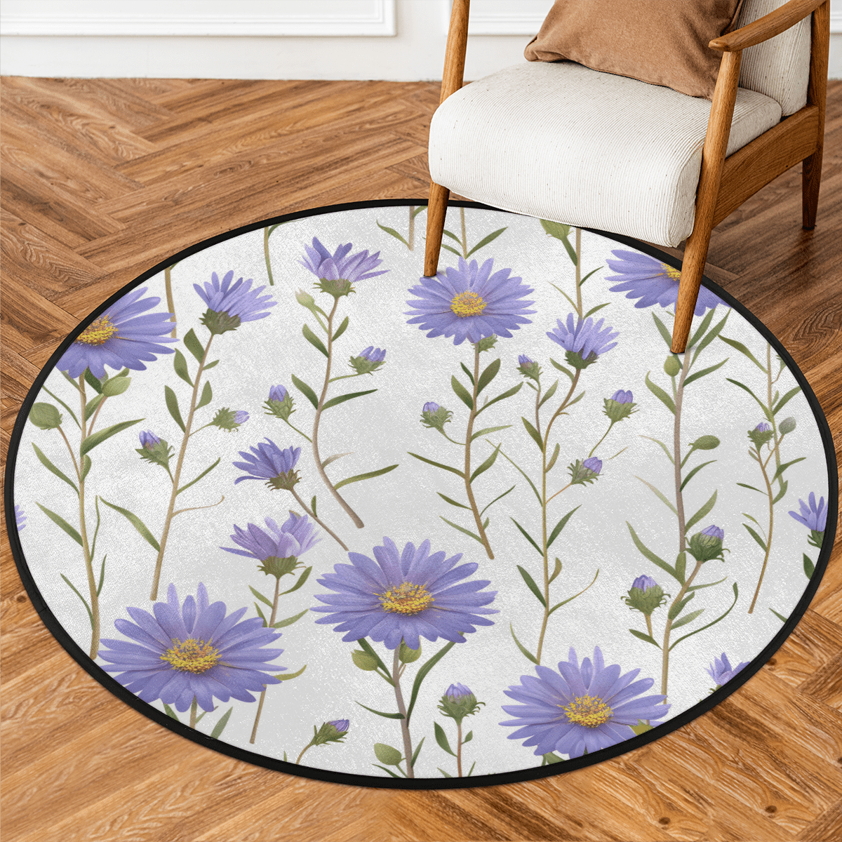 CURLYOOT Floral Wild Flower Plant 5.2ft Round Rug for Living Room ...