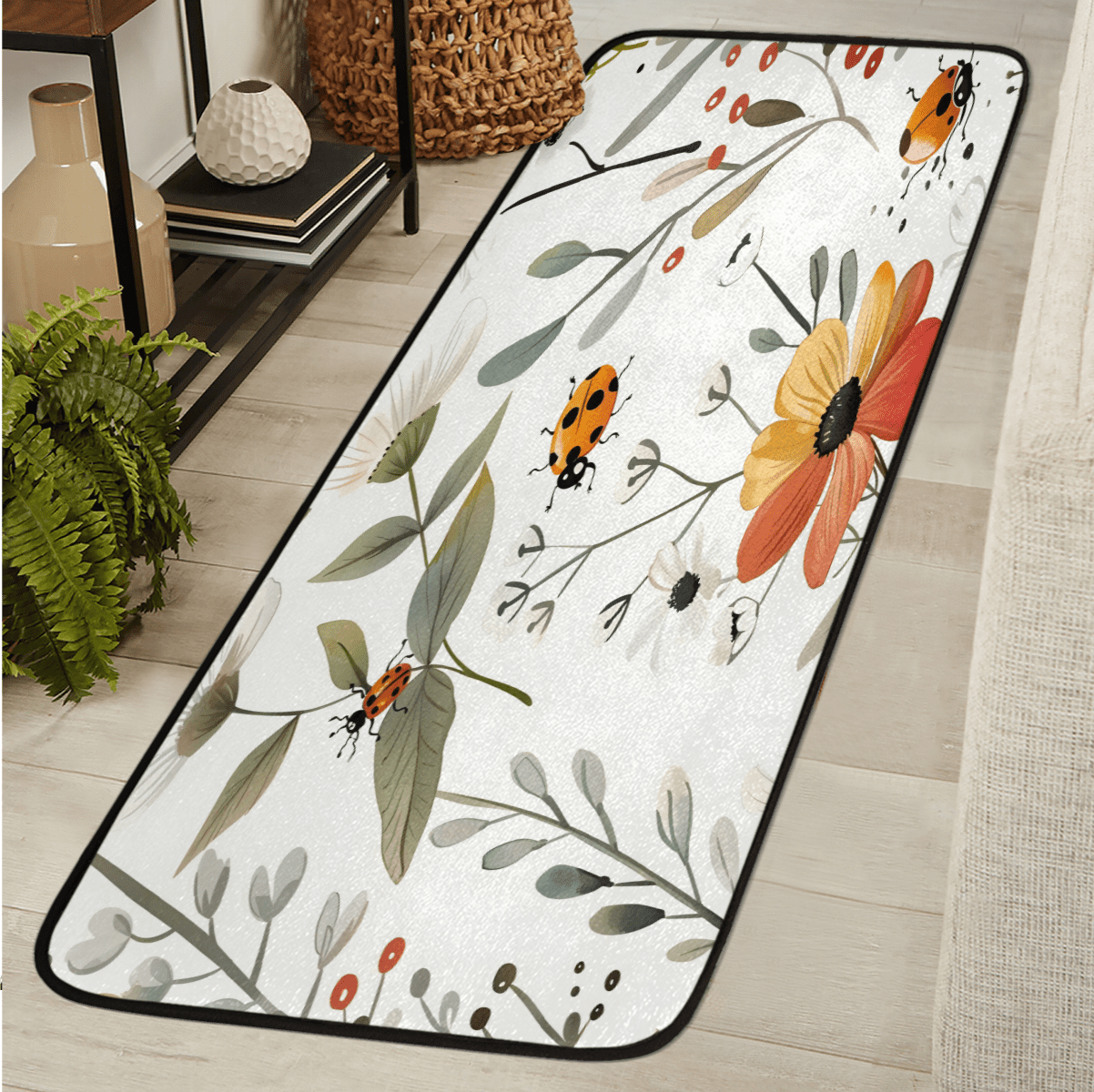 CURLYOOT Flowers Ladybugs Runner Rug 2'x6' Washable Kitchen Runner Rug ...