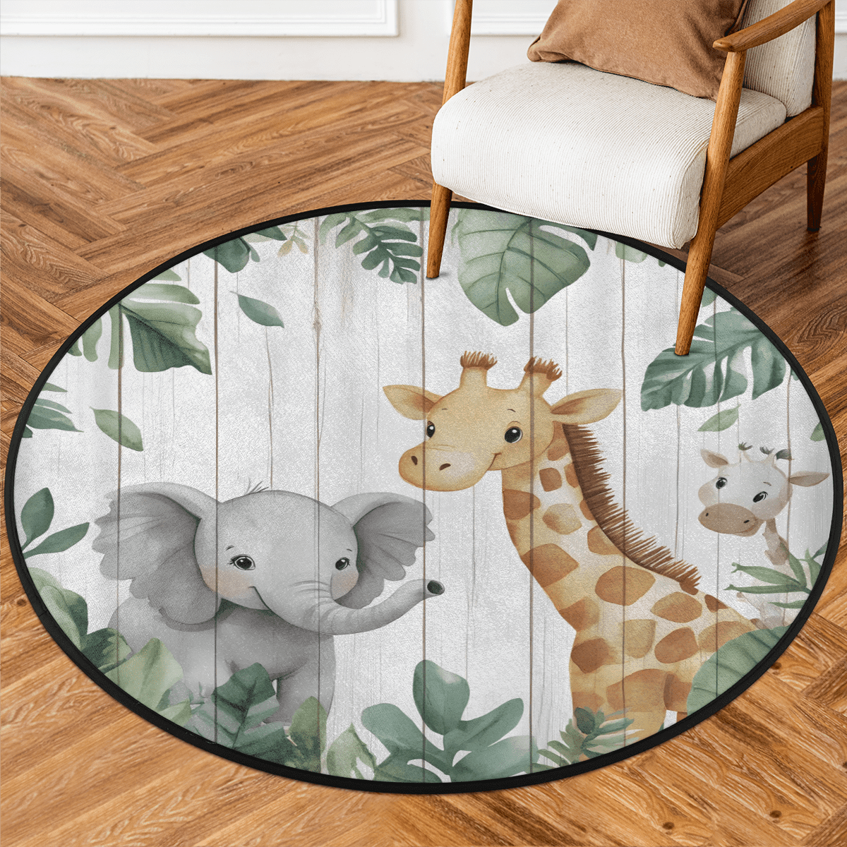 CURLYOOT Giraffe Elephant Cute Animal 5.2ft Round Rug for Living Room ...