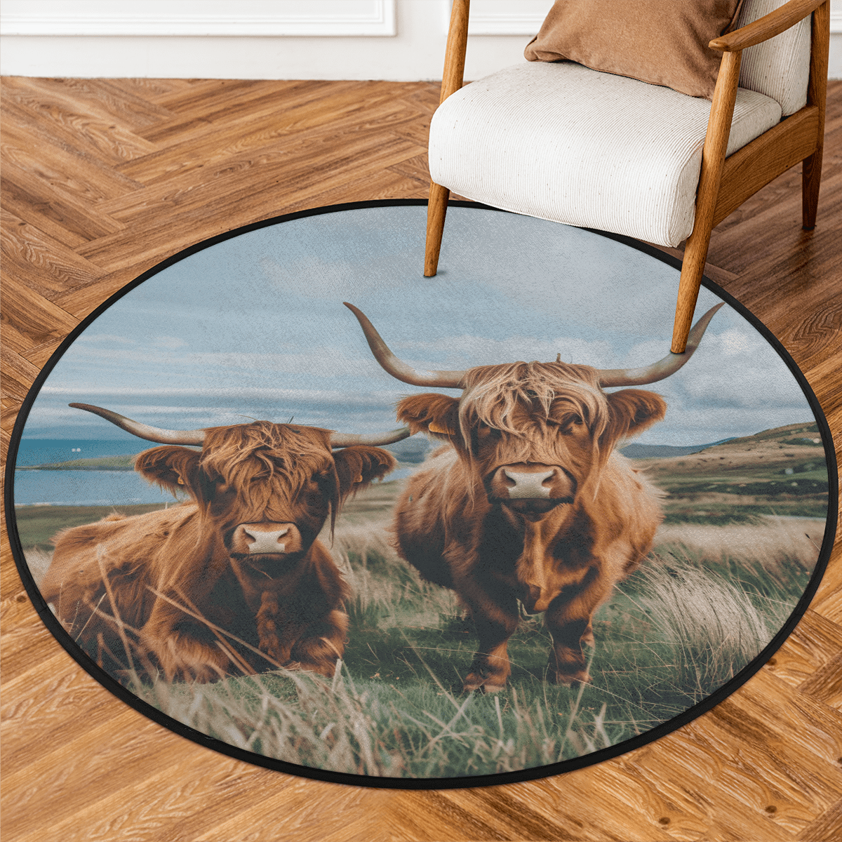 CURLYOOT Highland Cow Cattle 5.2ft Round Rug for Living Room, Large ...
