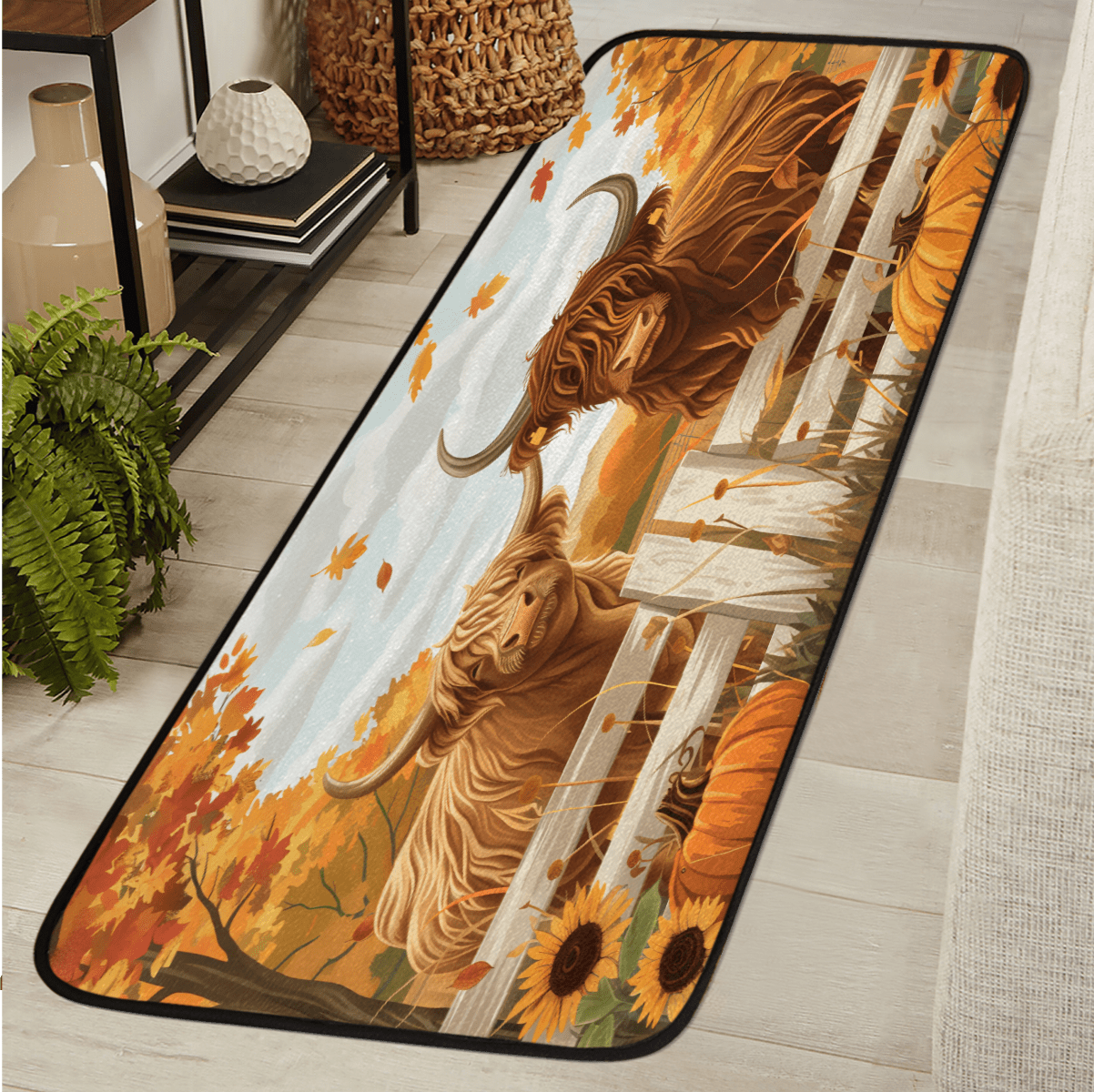 CURLYOOT Highland Cow Farmhouse Maple Leaves Runner Rug 2'x6' Washable ...