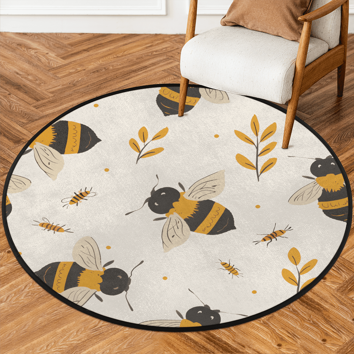 CURLYOOT Honey Bee 5.2ft Round Rug for Living Room, Large Washable Area ...