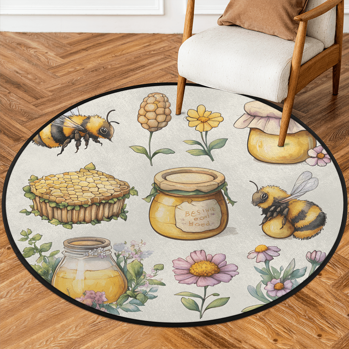 CURLYOOT Honey Themed Colorful Flowers Bees 5.2ft Round Rug for Living ...