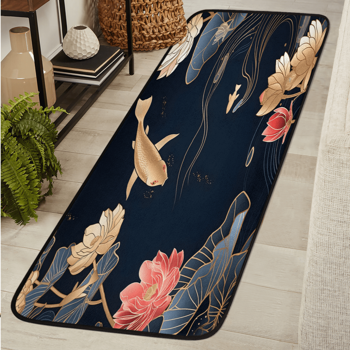 CURLYOOT Japanese Chinese Flower Fish Runner Rug 2'x6' Washable Kitchen ...