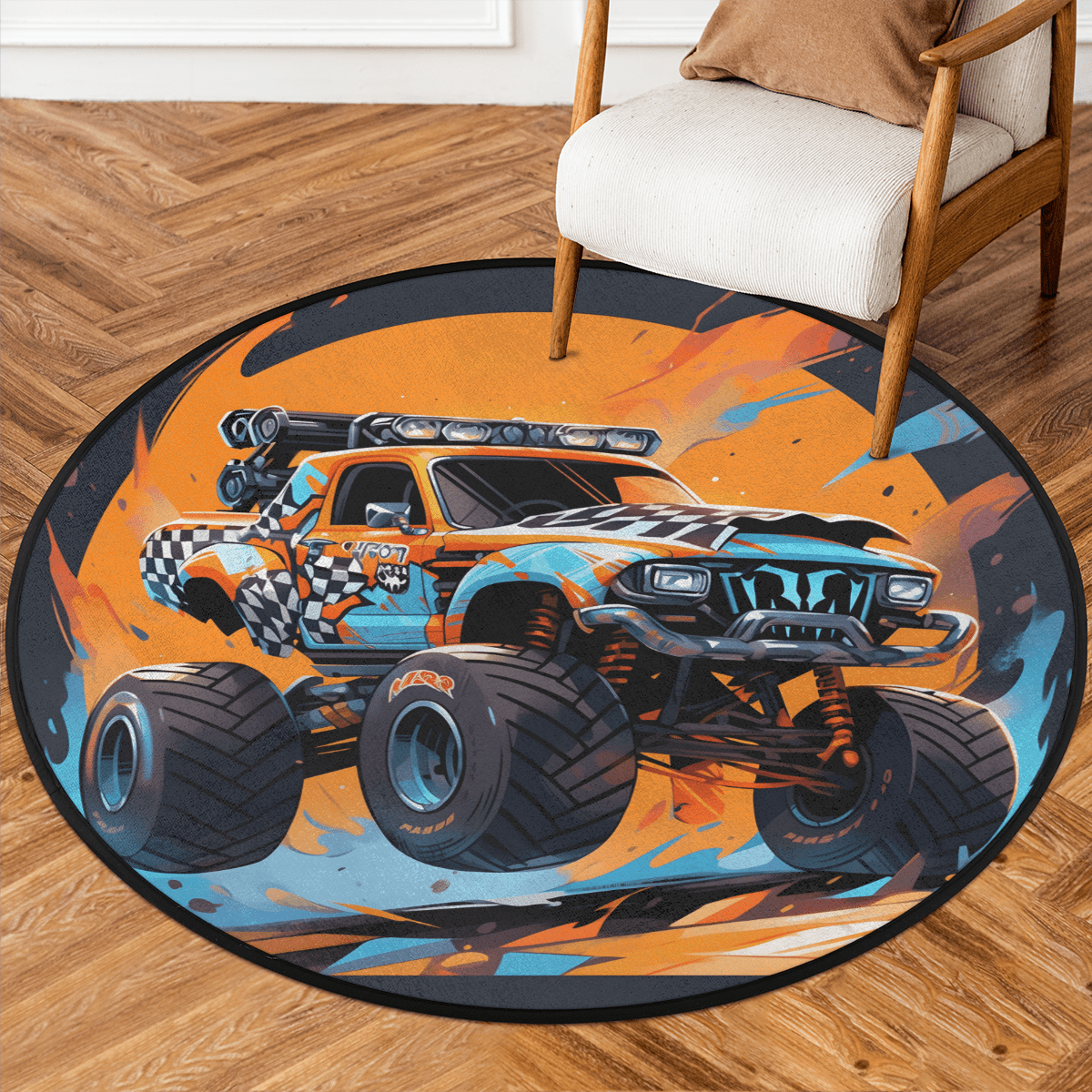 CURLYOOT Monster Truck 5.2ft Round Rug for Living Room, Large Washable ...