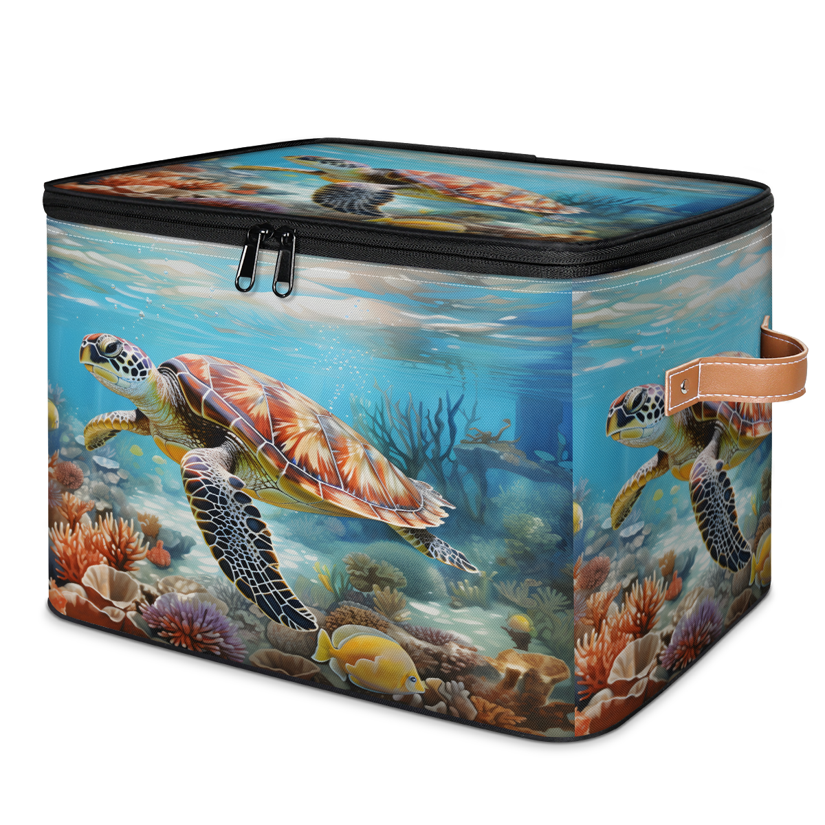 CURLYOOT Ocean Beach Turtle Storage Bin with Zipper Lid, Fabric ...
