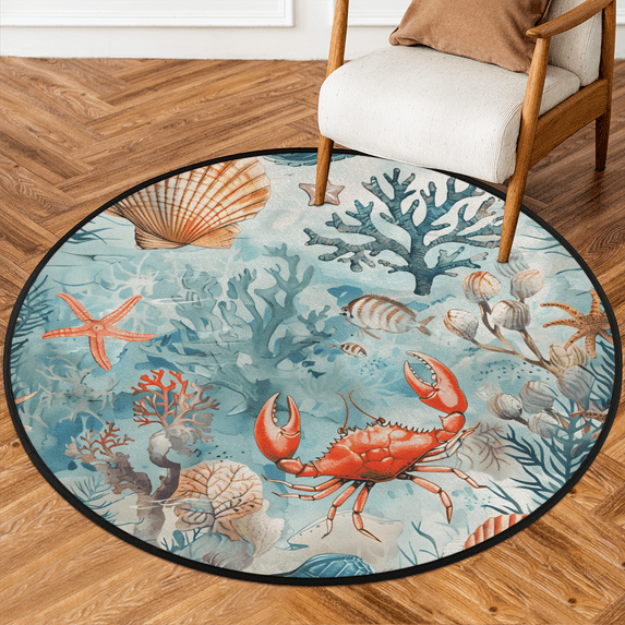 CURLYOOT Ocean Crab 5.2ft Round Rug for Living Room, Large Washable ...