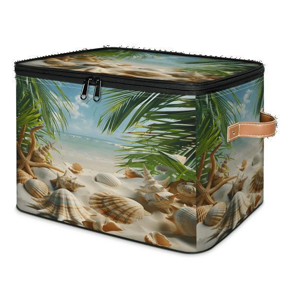 CURLYOOT Ocean Fabric Storage Bins with Lids, Seashell Palm Tree ...