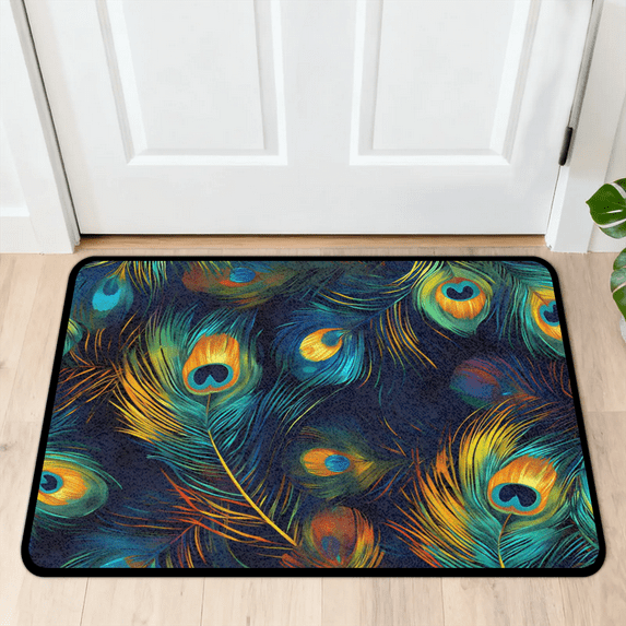 CURLYOOT Peacock Feathers Front Door Mat, Washable Non-Slip Teal Blue ...